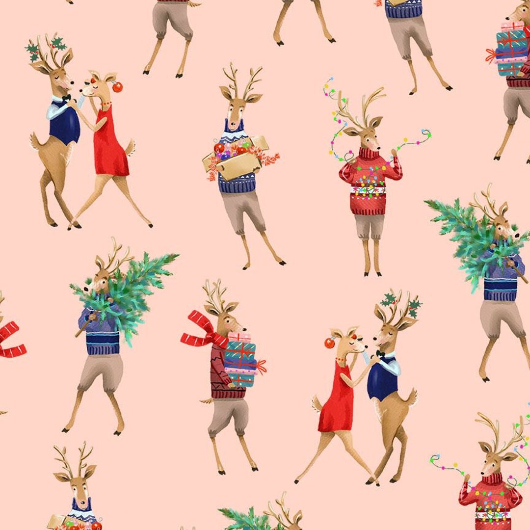 Full of Joy Dancing Reindeer, Reindeer Dance, Digital Fabric, 100% ...