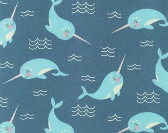 Narwhal Blue Nautical Floral Fabric Whimsical Narwals by Helenpdesigns Narwhal Blue Cotton ...
