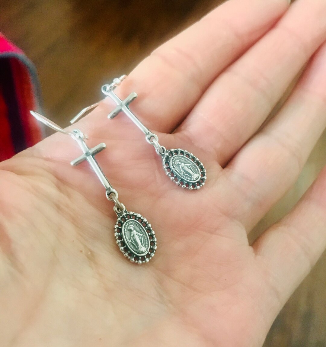 925 Silver Rosary Cross Virgin Mary Miraculous Earrings-miraculous ...