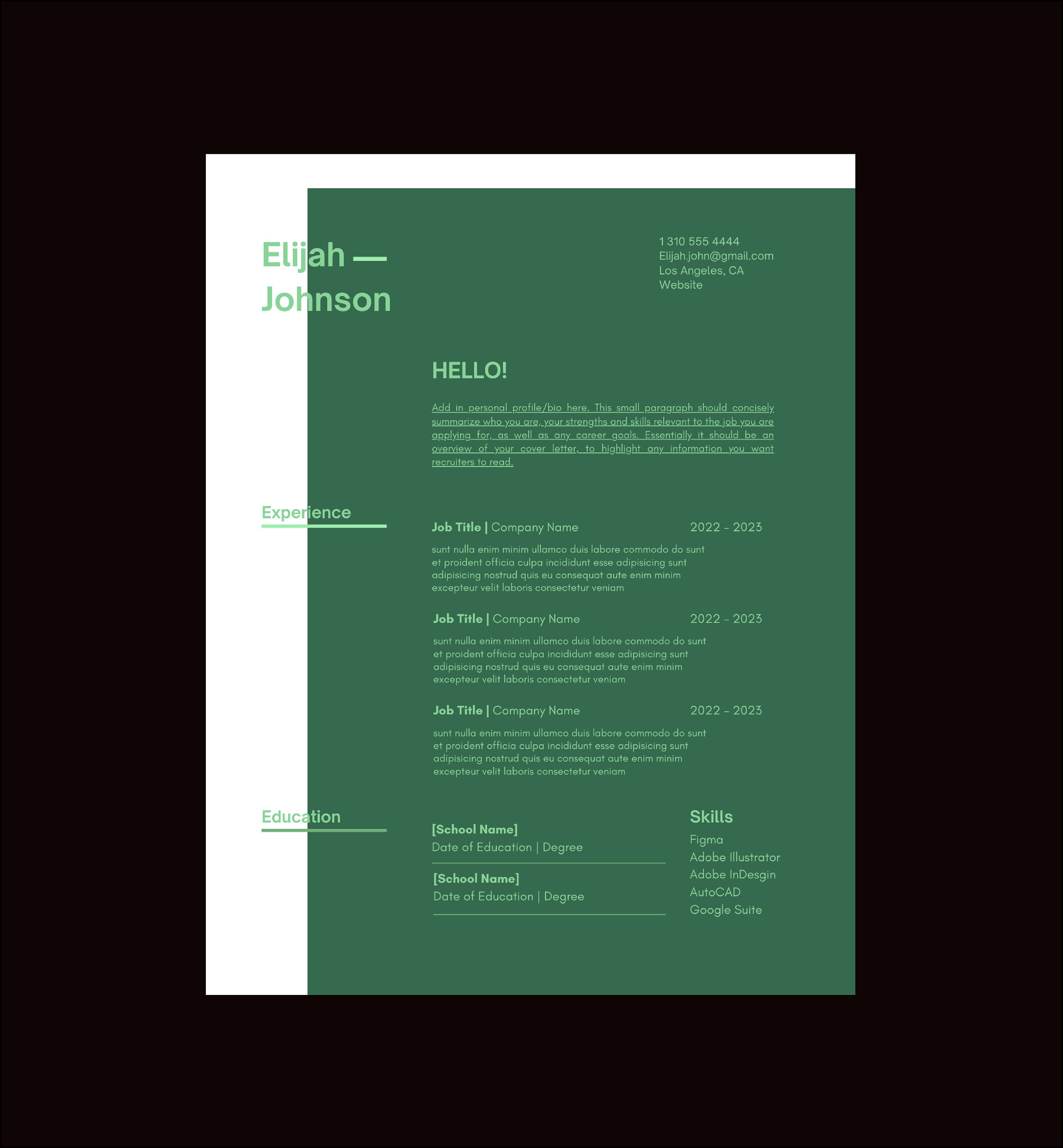 Clean Creative Resume Template CV Minimalist Design Green, Light Green ...