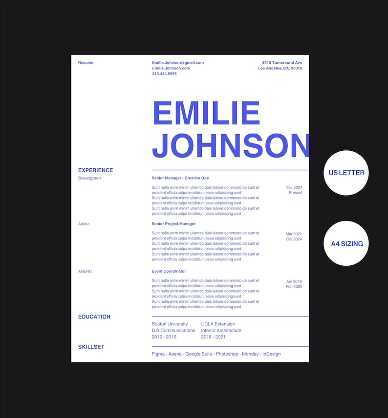 Clean Creative Resume Template: Cobalt Blue, White, Canva CV - Etsy
