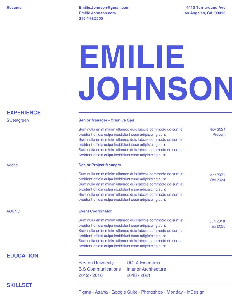 Clean Creative Resume Template CV Minimalist Type Design Cobalt Blue ...