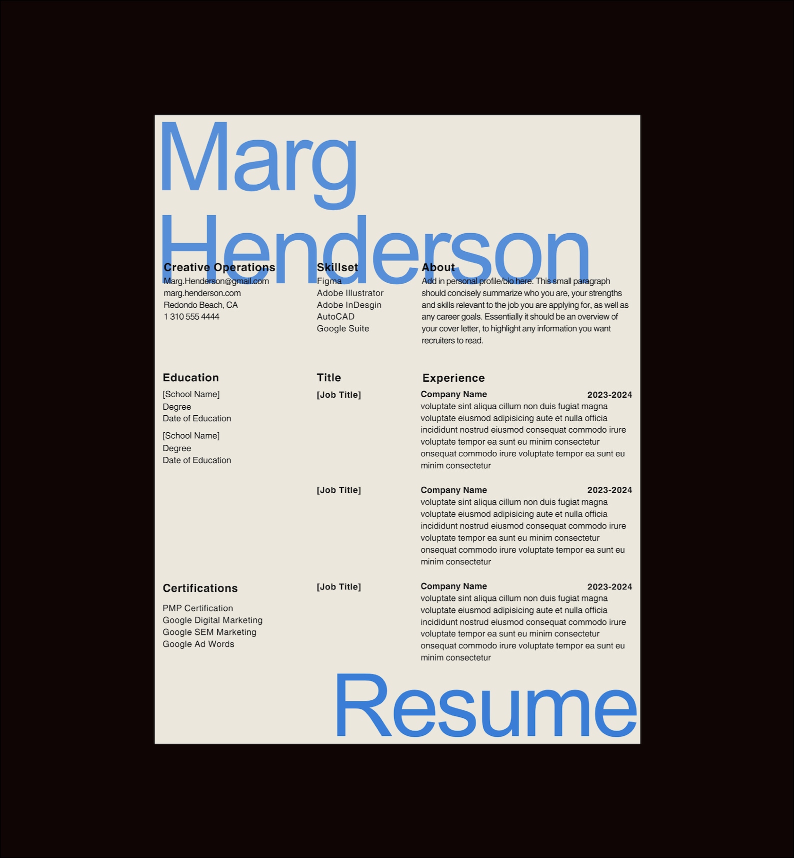 Clean Creative Resume Template CV Minimalist Type Design - Blue, Beige ...