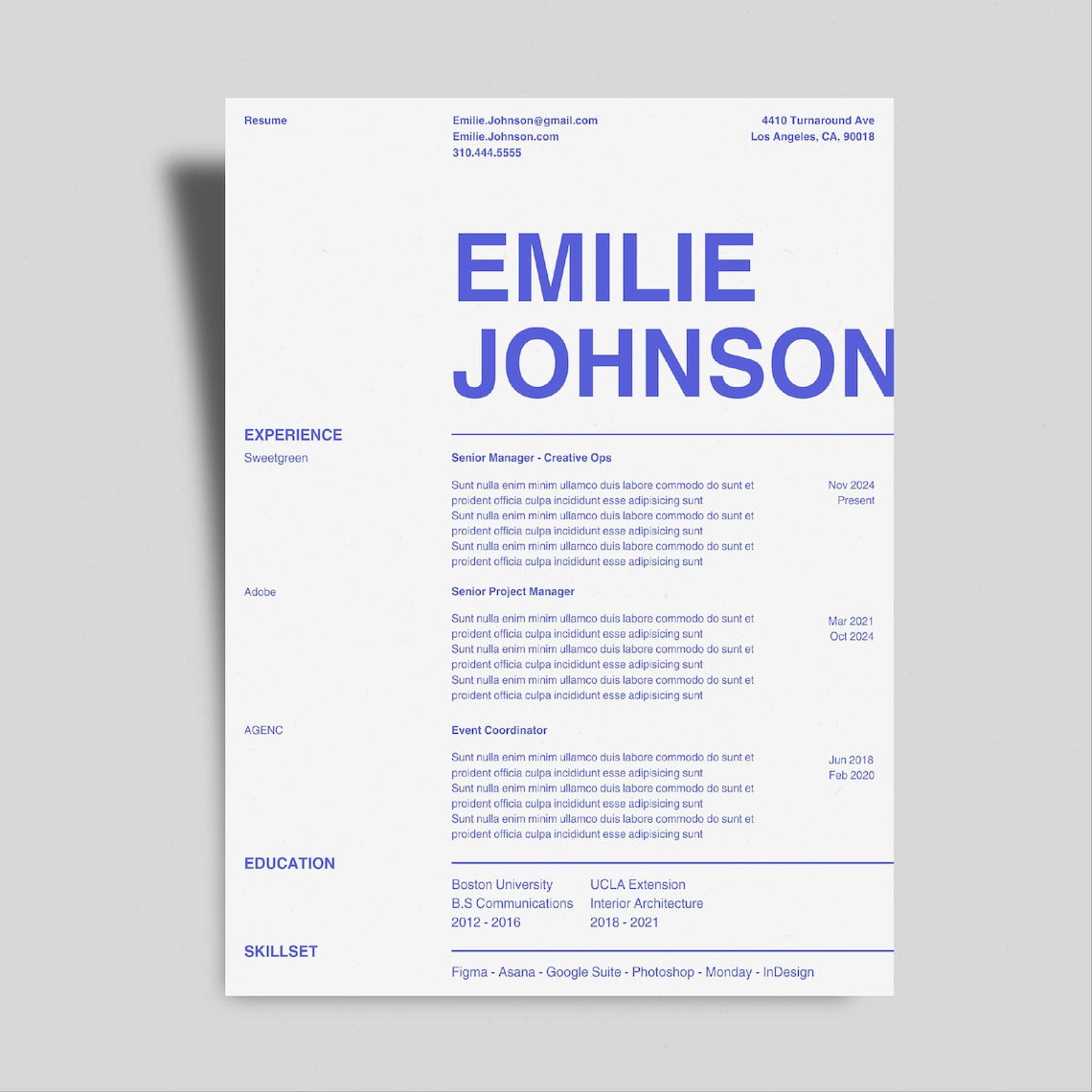 Clean Creative Resume Template CV Minimalist Type Design - Cobalt Blue ...