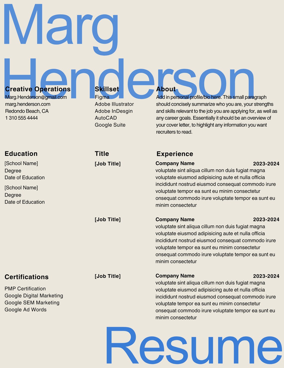 Clean Creative Resume Template CV Minimalist Type Design - Blue, Beige ...