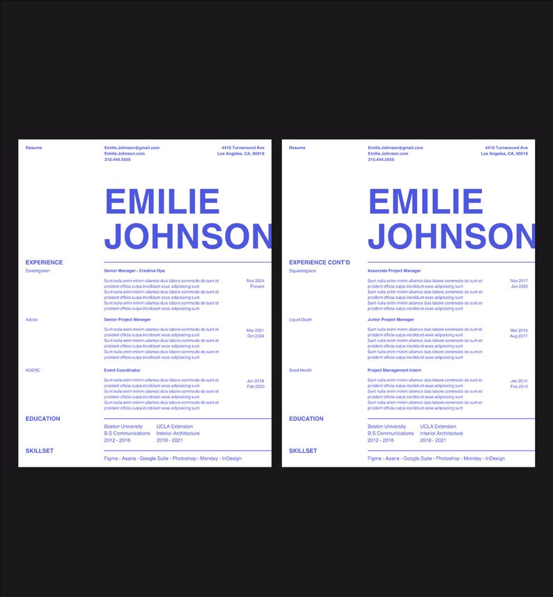 Clean Creative Resume Template: Cobalt Blue, White, Canva CV - Etsy