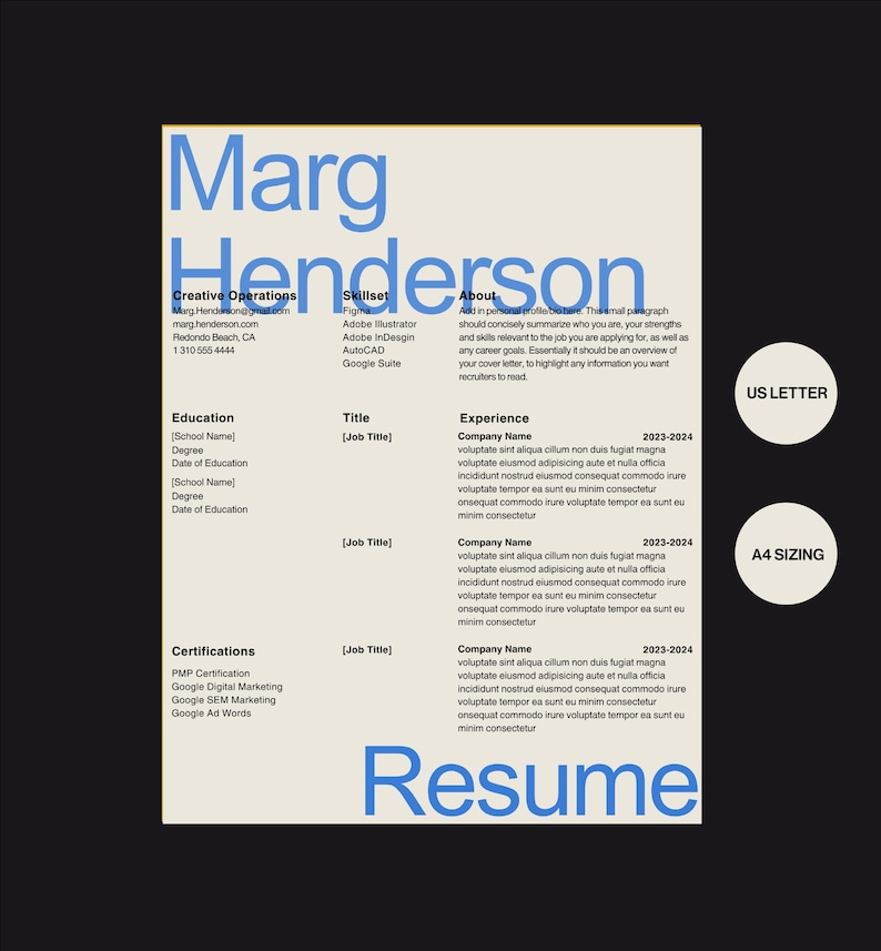 Clean Creative Resume Template CV Minimalist Type Design - Blue, Beige ...