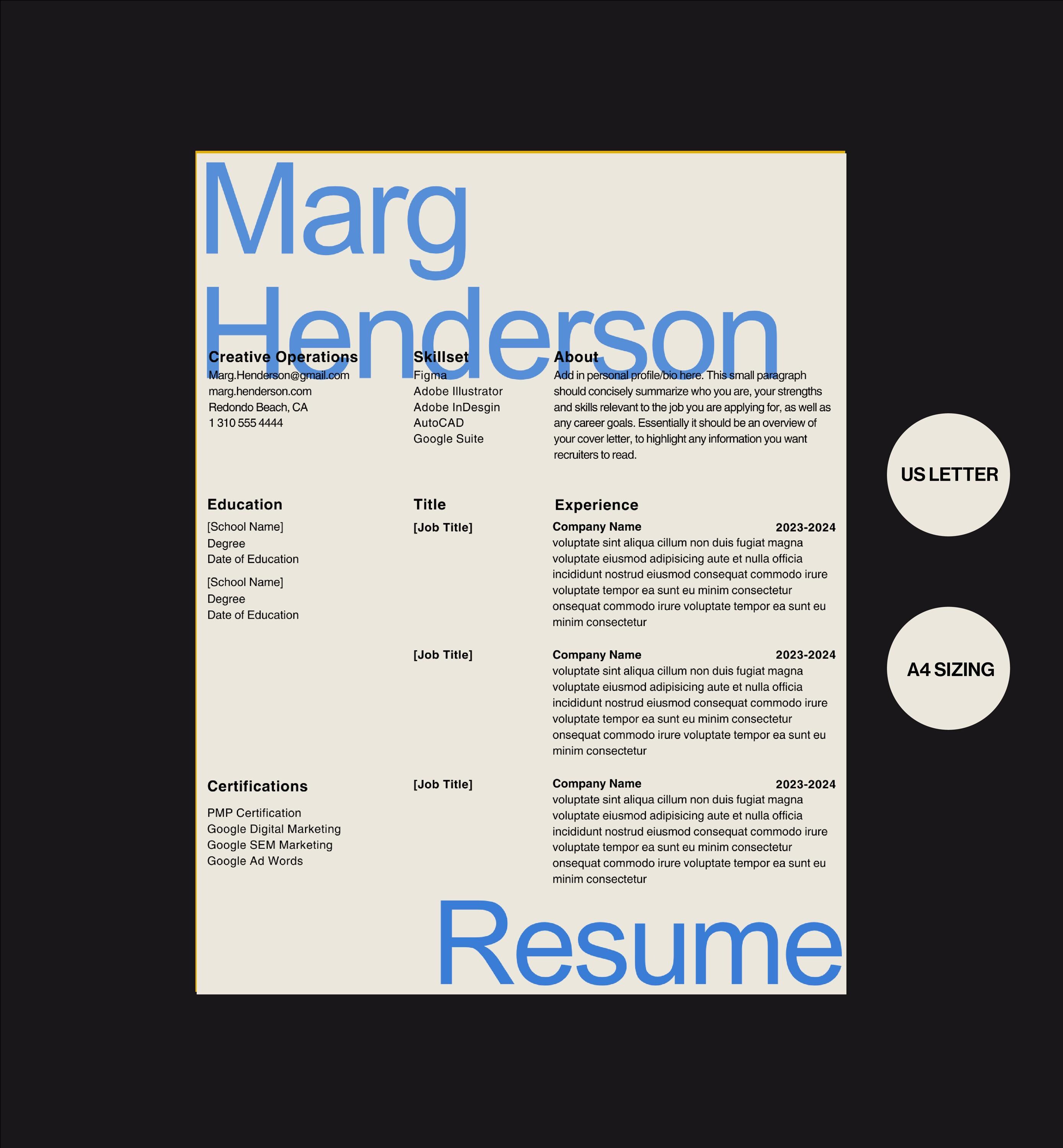 Clean Creative Resume Template CV Minimalist Type Design - Blue, Beige ...