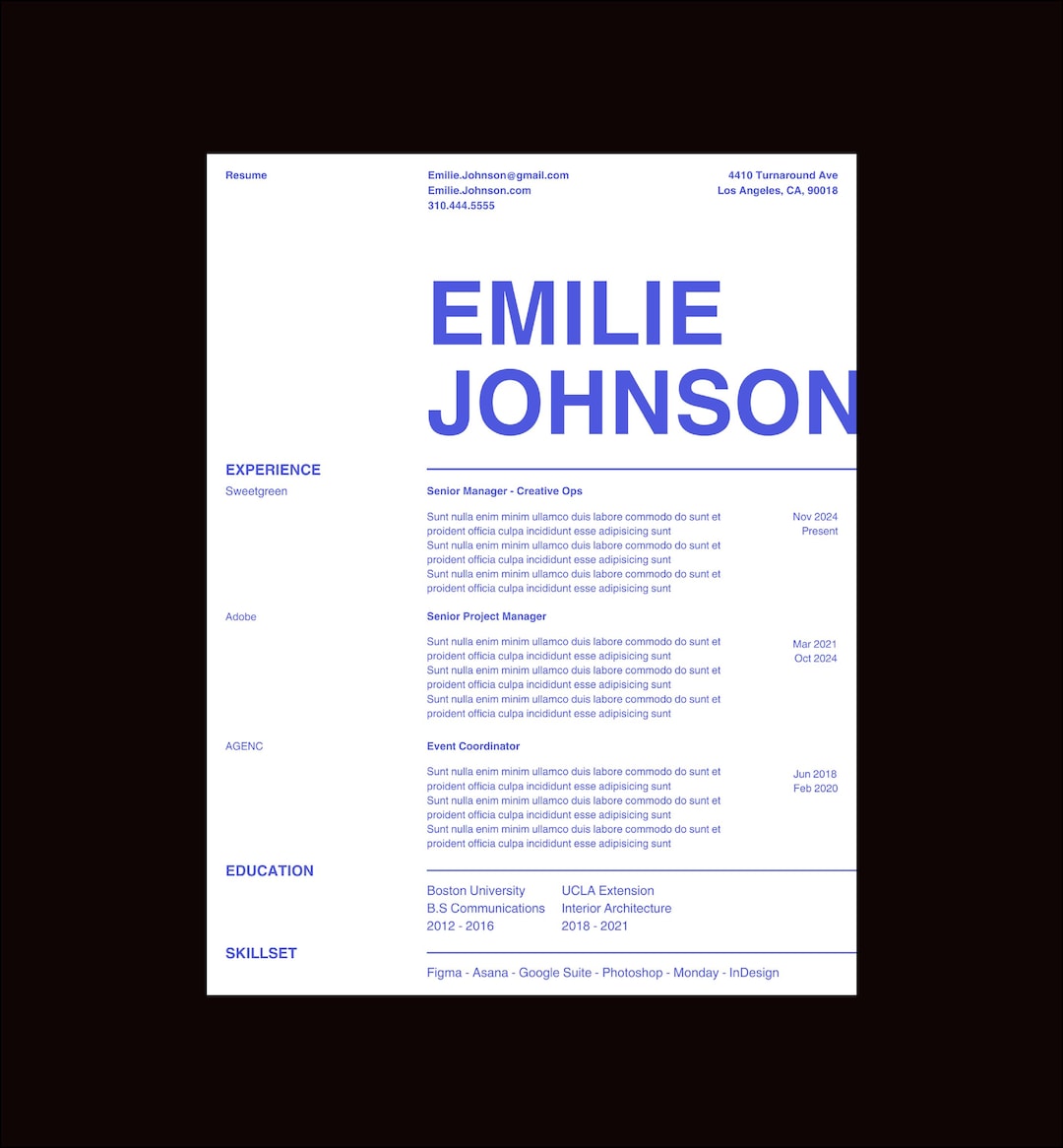 Clean Creative Resume Template: Cobalt Blue, White, Canva CV - Etsy
