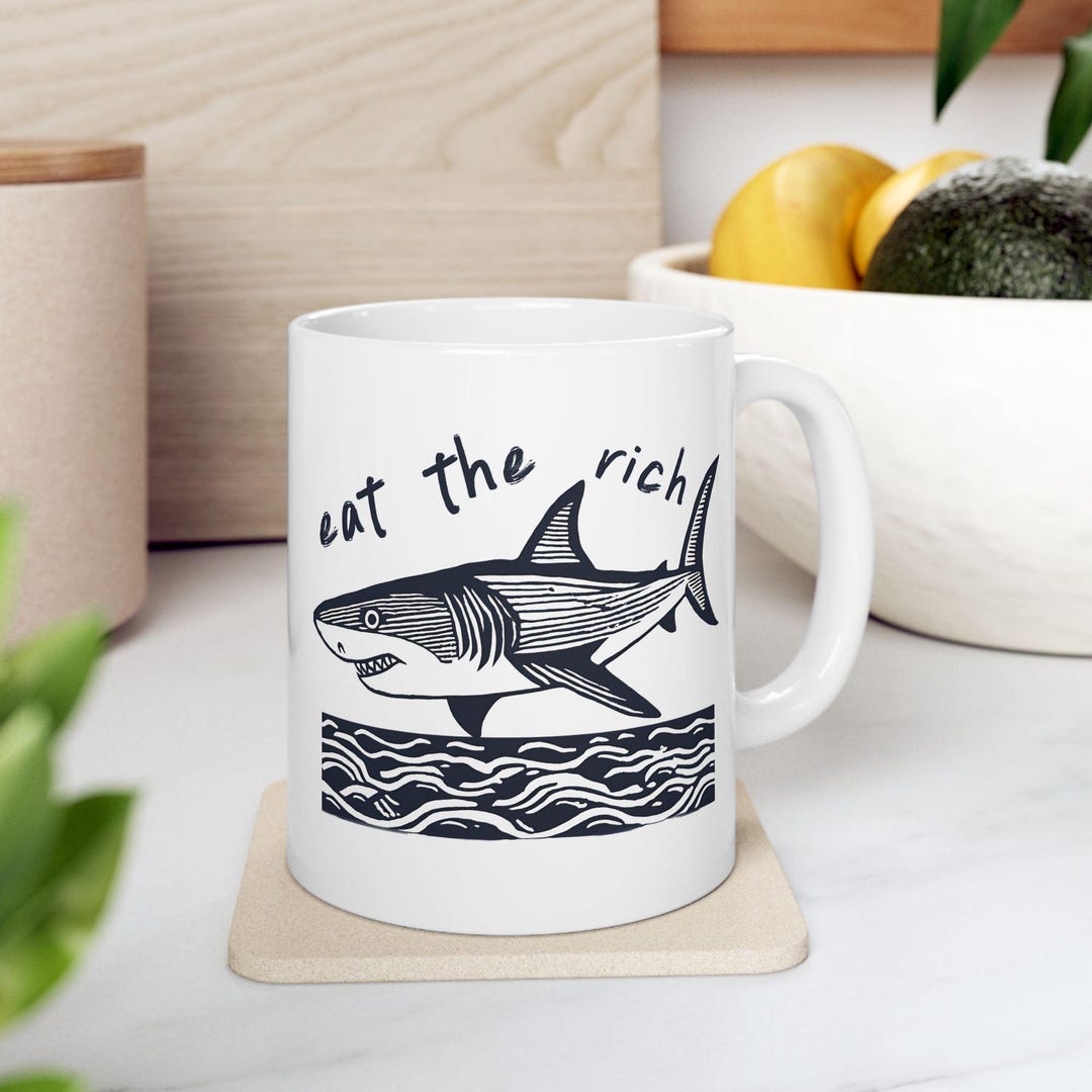 Linocut Great White Shark Eat the Rich Mug Eattherich Coffee Tea Mug ...