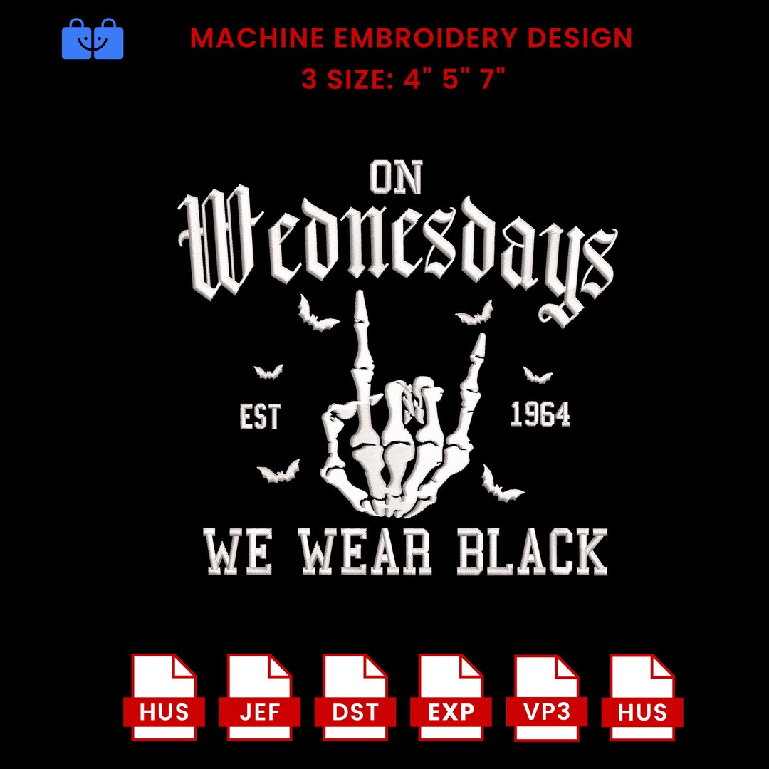 Vintage Skeleton Hand on Wednesdays We Wear Black Embroidery Design ...