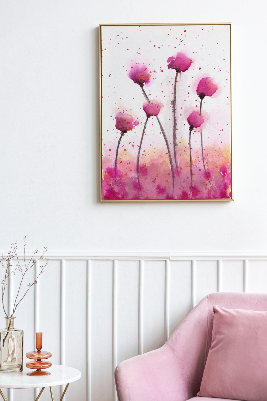 Spring Pink Flowers Watercolor Art Print, Floral Art Wall Decor, Nature ...