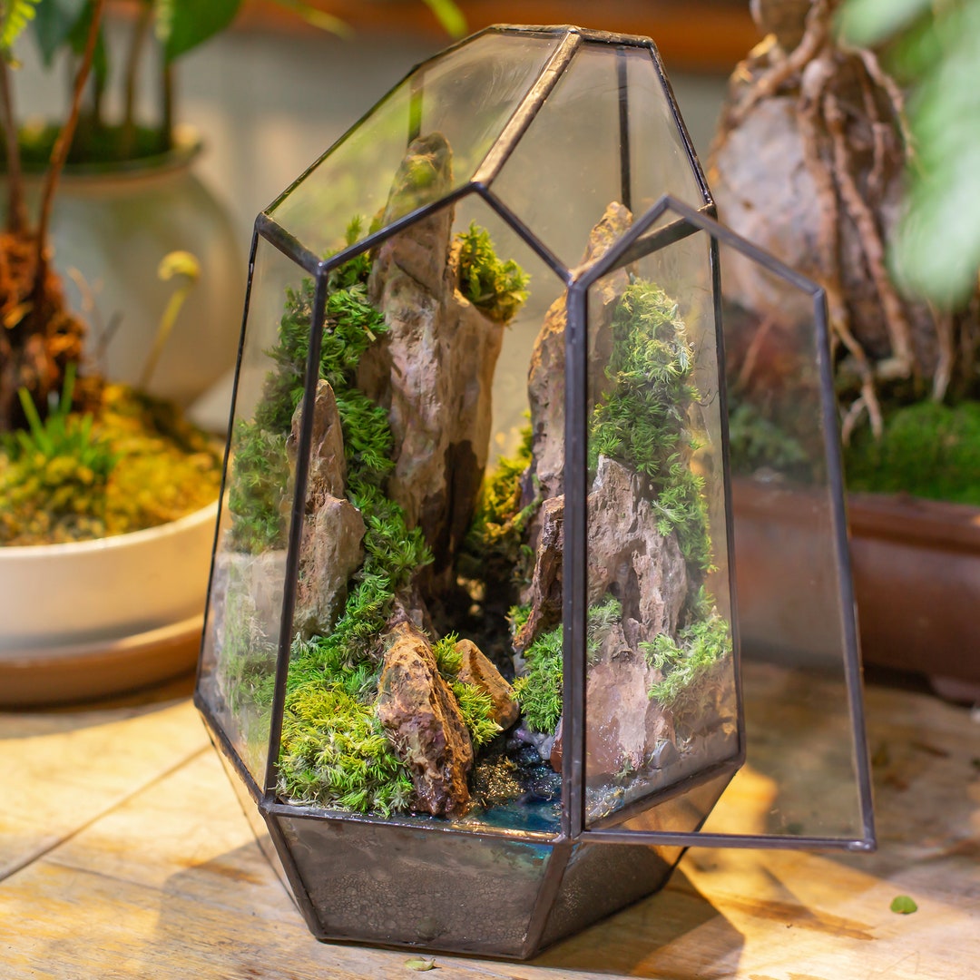 Geometric Terrarium With Mountain, Stream, Preserved Moss Mini ...