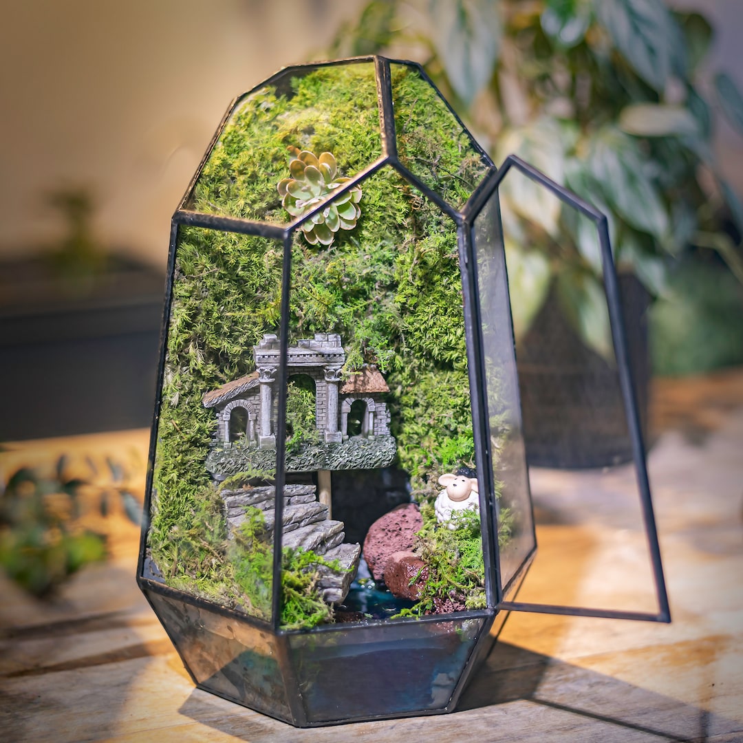 Preserved Moss Microlandscape, Geometric Terrarium With Castle Gate ...
