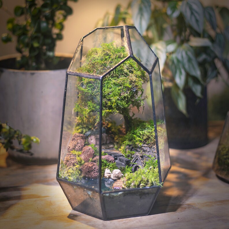 Geometric Terrarium With Cottage, Tree of Life, Stream, Preserved Moss ...