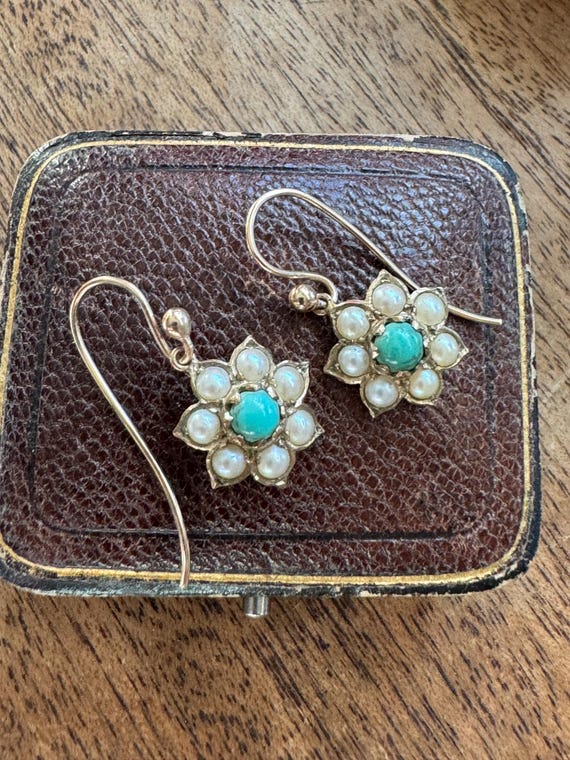 Rare Genuine Turquoise & Pearl *VICTORIAN* 9k Gold An… - Gem