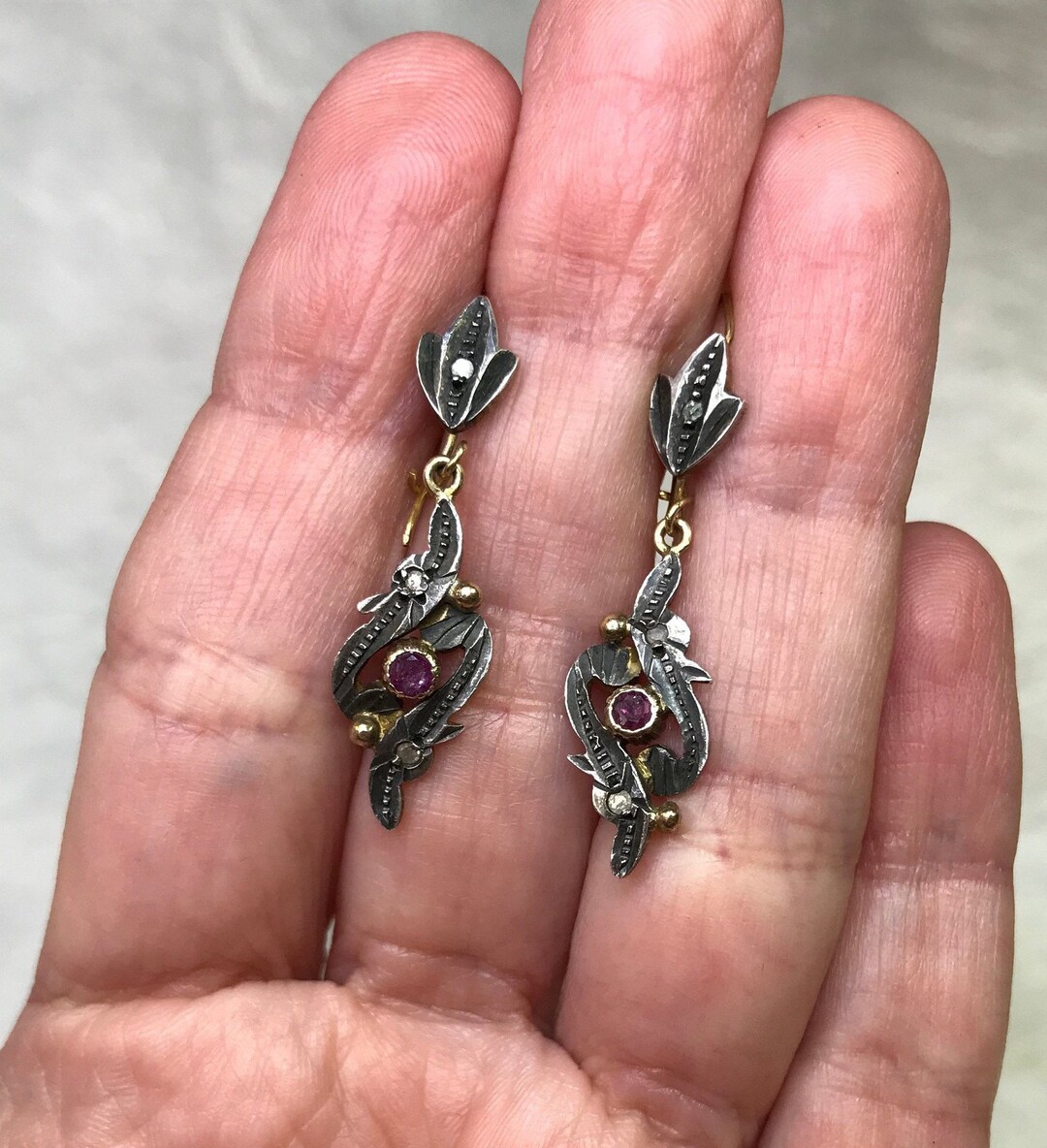 Antique Victorian 18k Gold and Silver Diamond and Ruby Dangle Drop ...