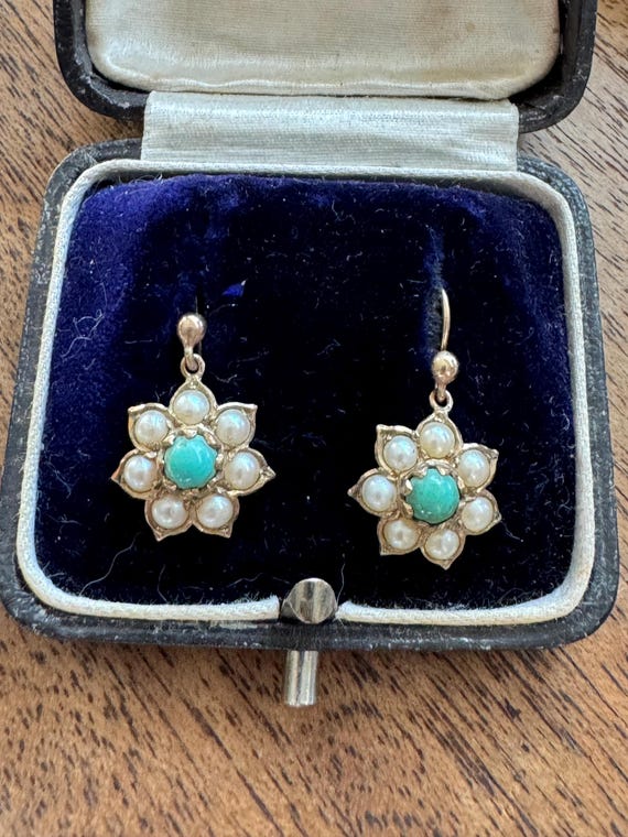Rare Genuine Turquoise & Pearl *VICTORIAN* 9k Gold An… - Gem