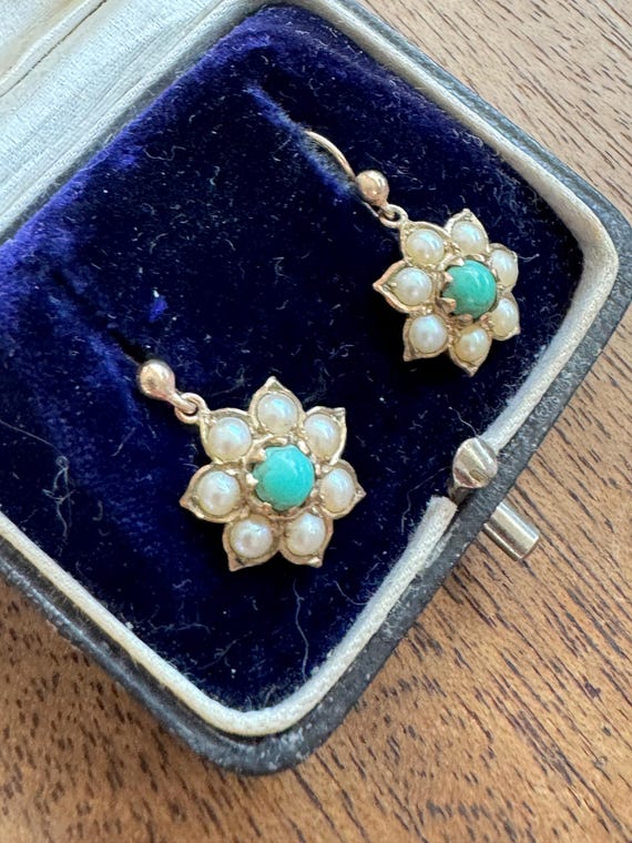 Rare Genuine Turquoise & Pearl *VICTORIAN* 9k Gold An… - Gem