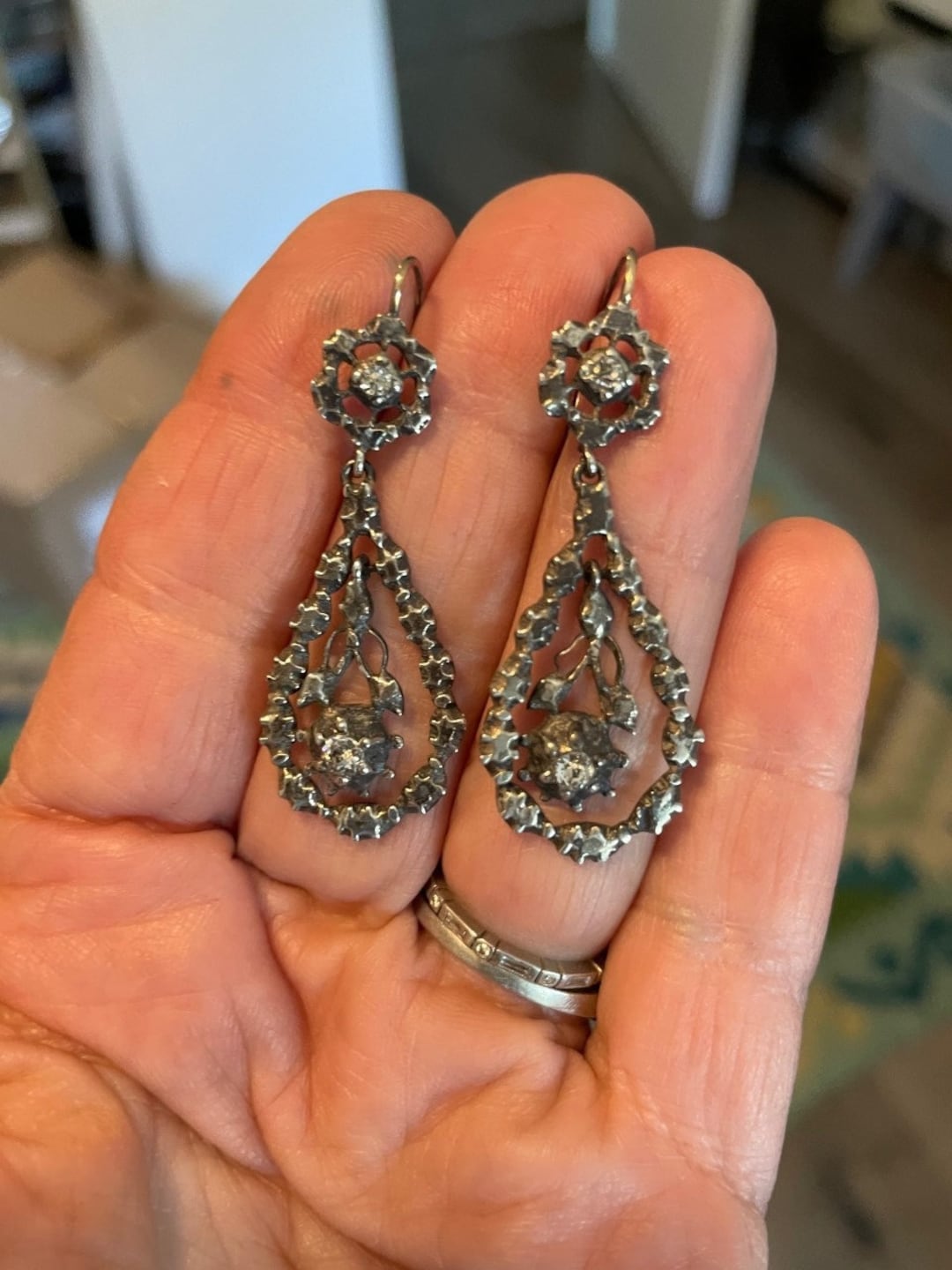 Antique Silver/9k Gold Wires VICTORIAN Diamond Paste EARRINGS From ...