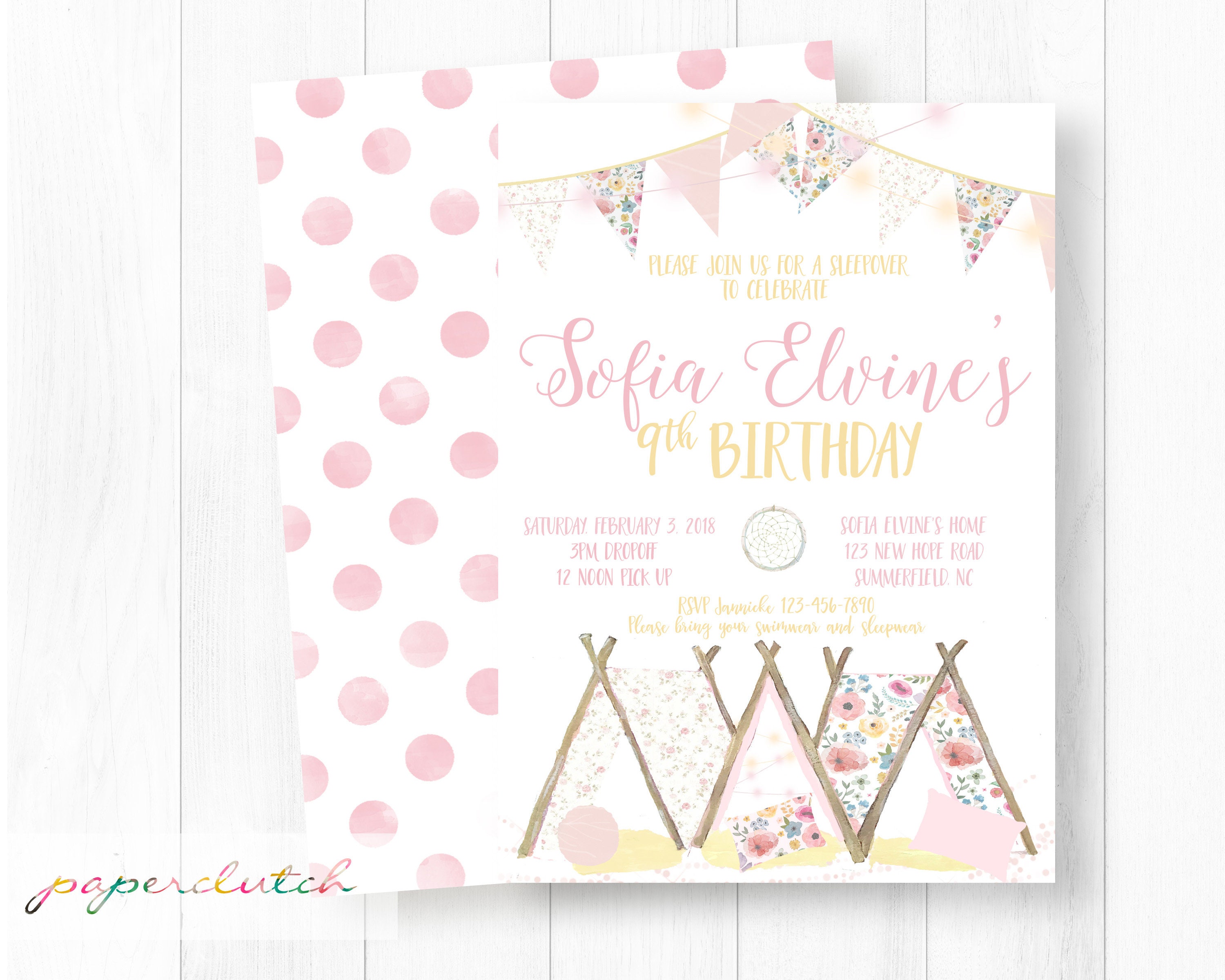 Teepee Slumber Party Invitation Sleepover Invite Glamping Etsy