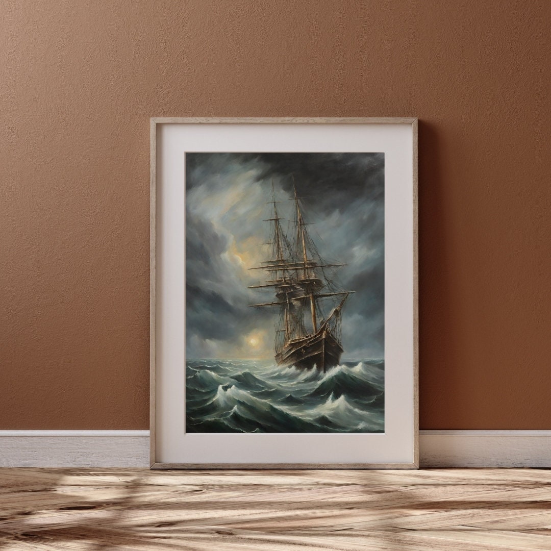Vintage Ghost Ship Storm Oil Painting Digital Art Print Wall Art ...
