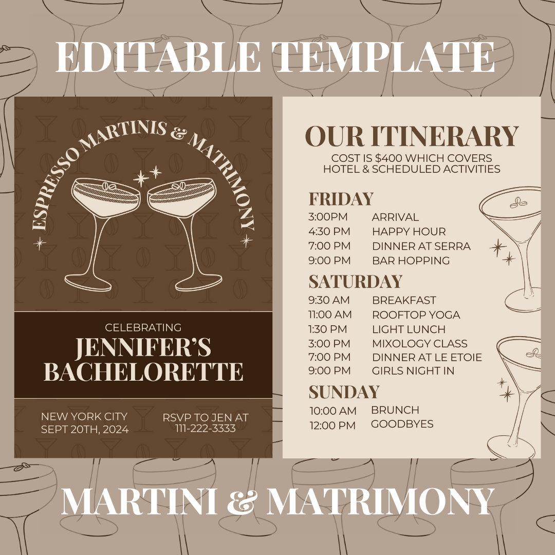 Espresso Martini Bachelorette Invite and Itinerary Template Martini and ...
