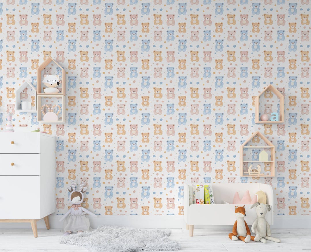 Teddy Bear Kids Room Wallpaper, Vintage Peel and Stick Wallpaper ...