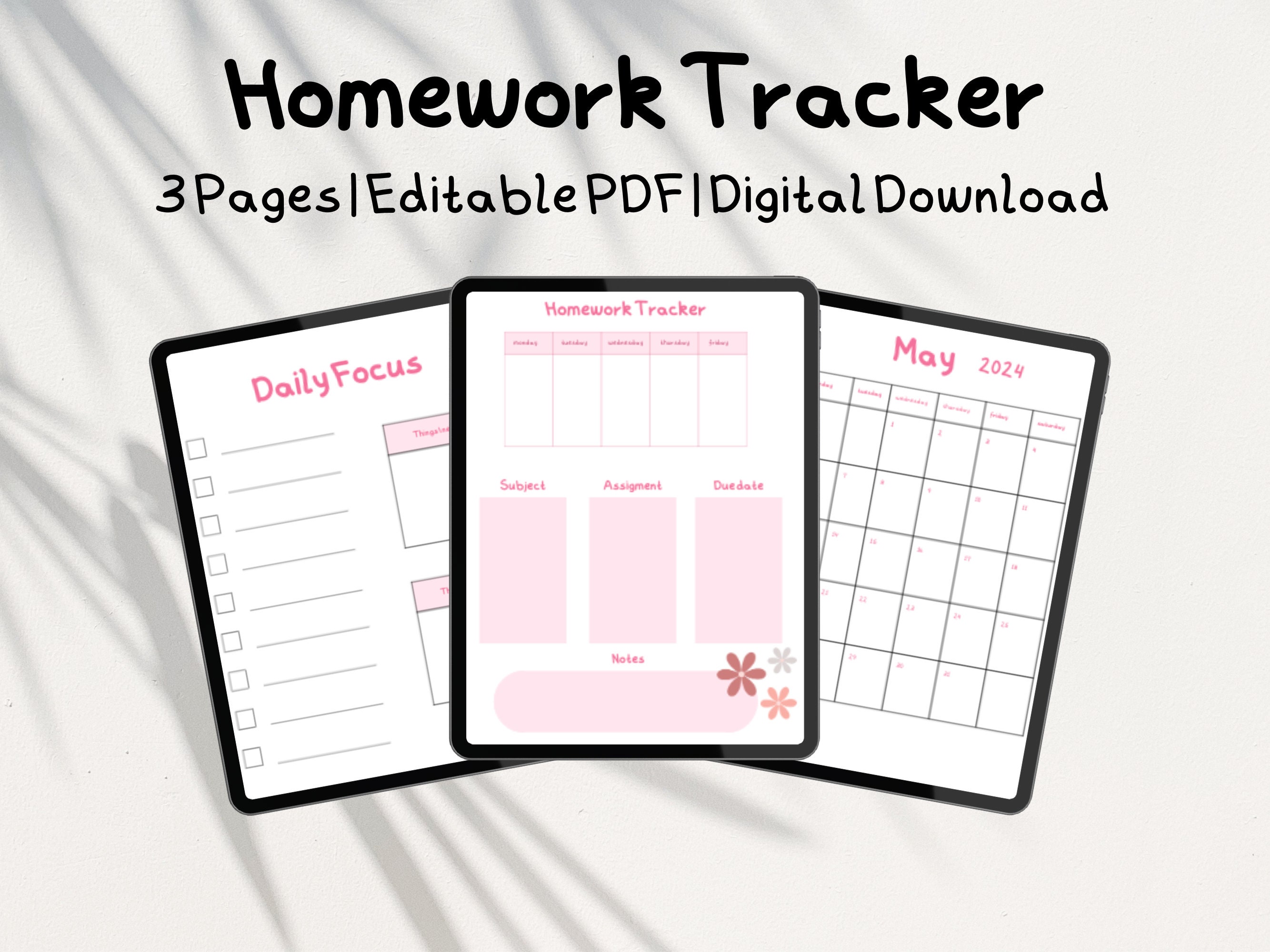 Pink Homework Tracker - Calendar - Digital Download - 3 Pages - Etsy