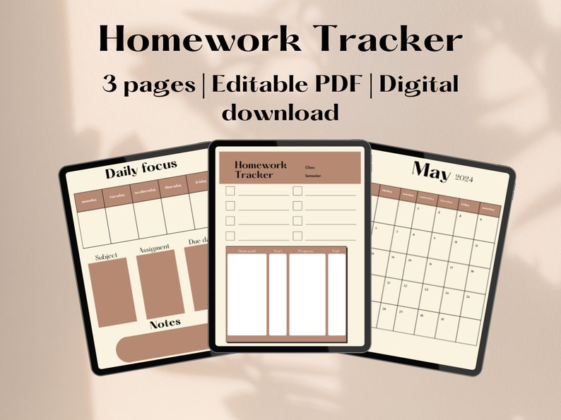 Brown Homework Tracker - Calendar - Digital Download - 3 Pages - Etsy