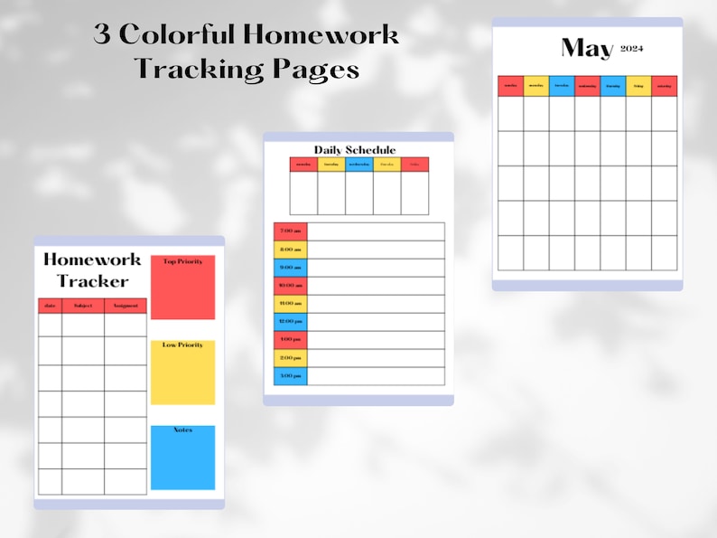 Pastel Rainbow Homework Tracker - Calendar - 3 Page Digital Download - Etsy