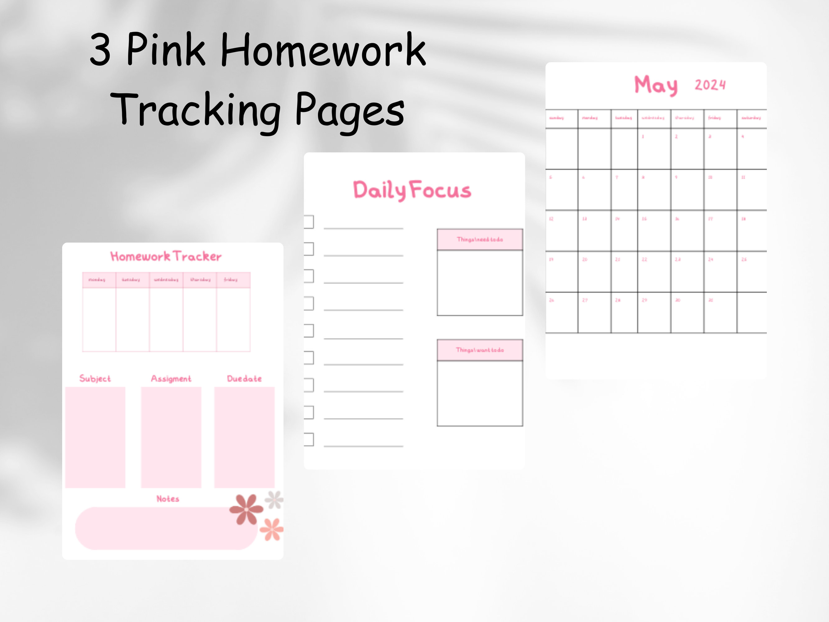 Pink Homework Tracker - Calendar - Digital Download - 3 Pages - Etsy