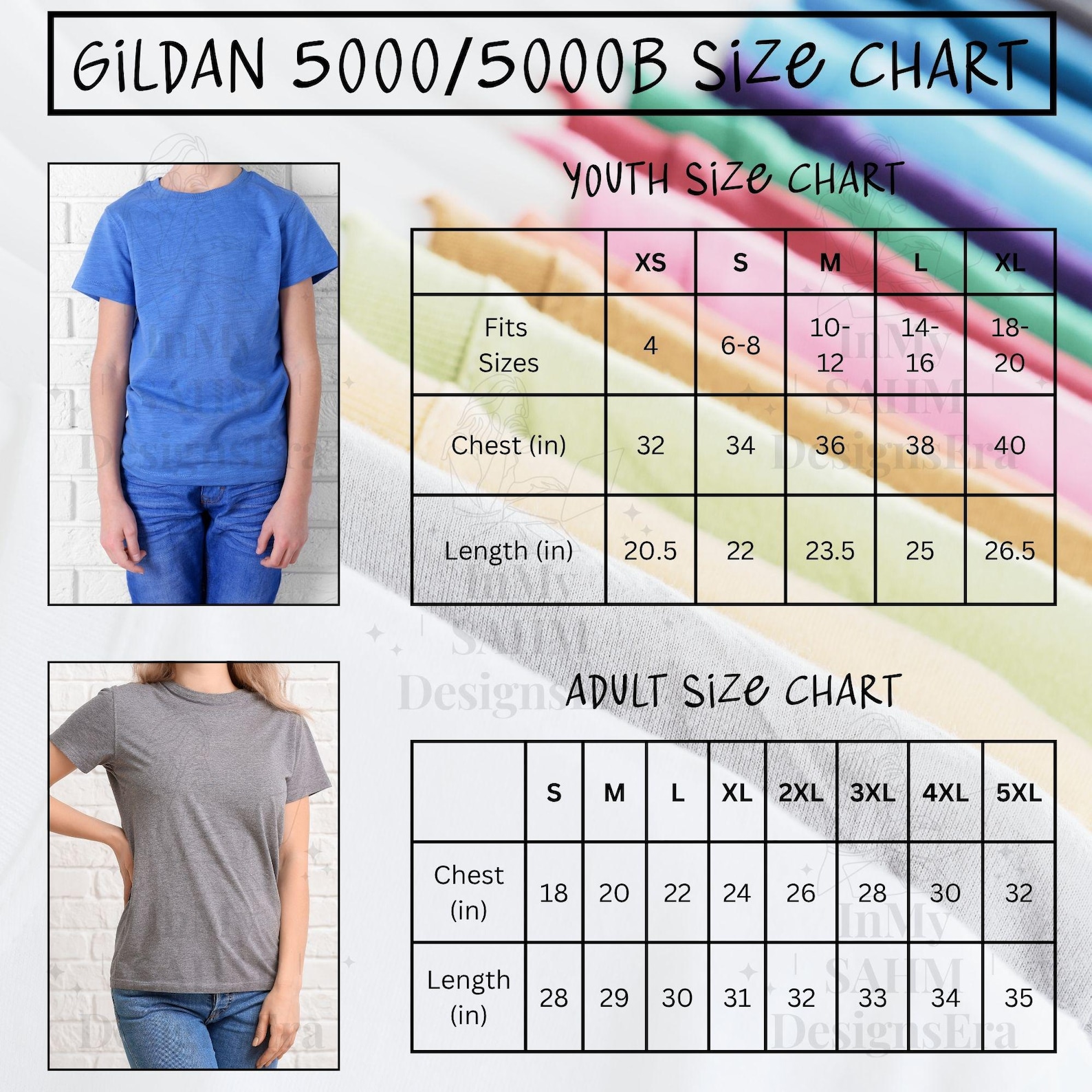Gildan 5000/5000B Size Chart, Adult/youth Gildan Tee Size Chart Combo ...