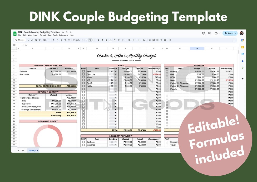 DINK Couple Monthly Budgeting Template one Year - Etsy