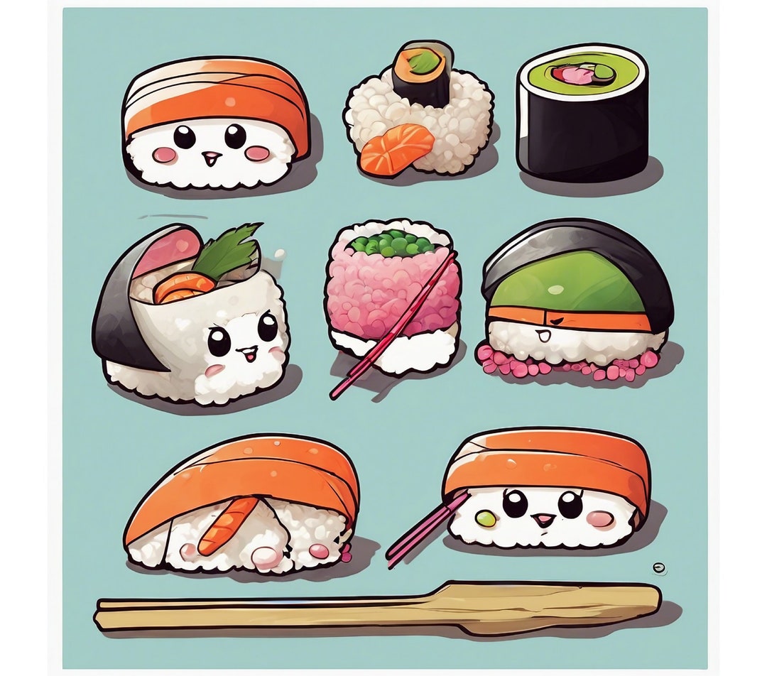 Cute Kawaii Sushi Digital Art Download, Japanese Food Illustration ...