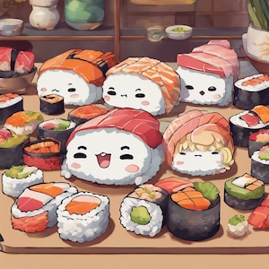 Cute Sushi Family Digital Art, Cartoon Sushi Rolls and Nigiri, Colorful ...