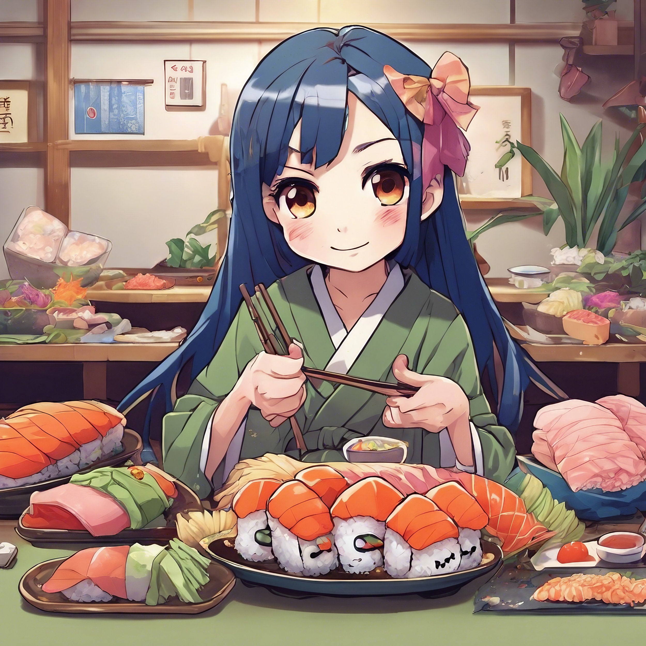 Anime Girl Eating Sushi Digital Print, Japanese Culture Wall Art, Manga ...