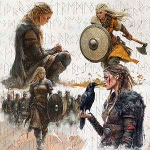 Viking Shieldmaidens Watercolor Clip Art Norse Female Warriors PNG ...