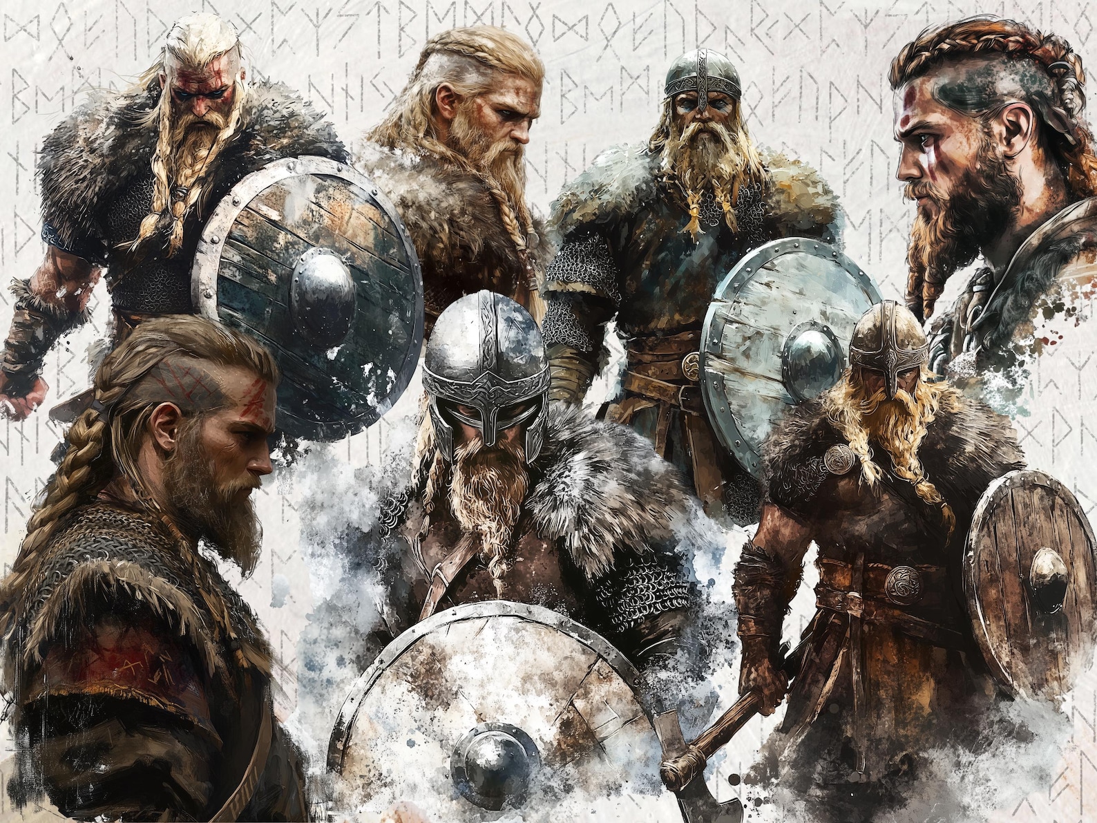 Viking Warriors Watercolor Clip Art: 100 Norsemen PNG Files (digital ...