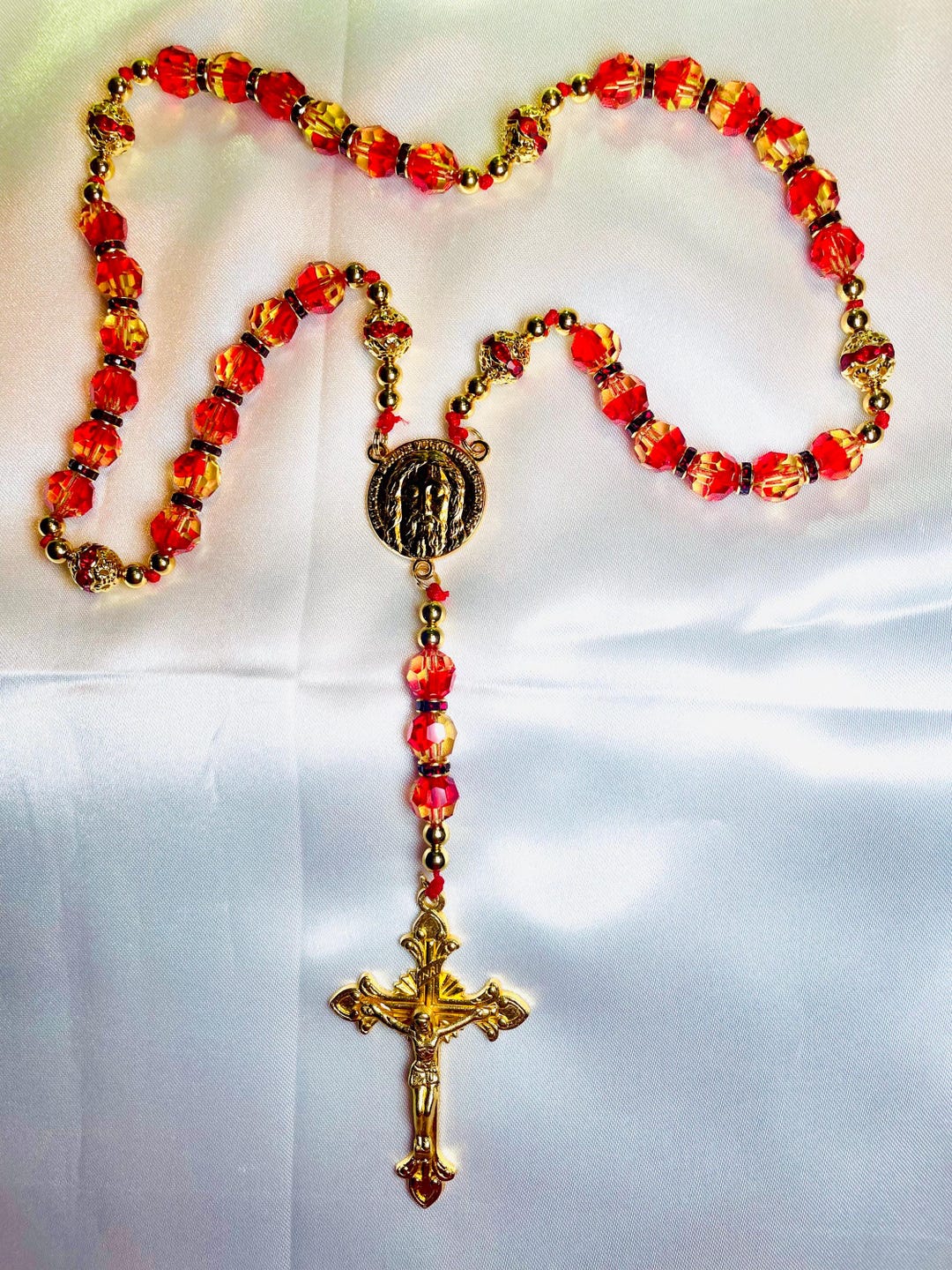 Lion of Judah Chaplet: Fire Opal Czech Beads, Holy Face Rosary - Etsy