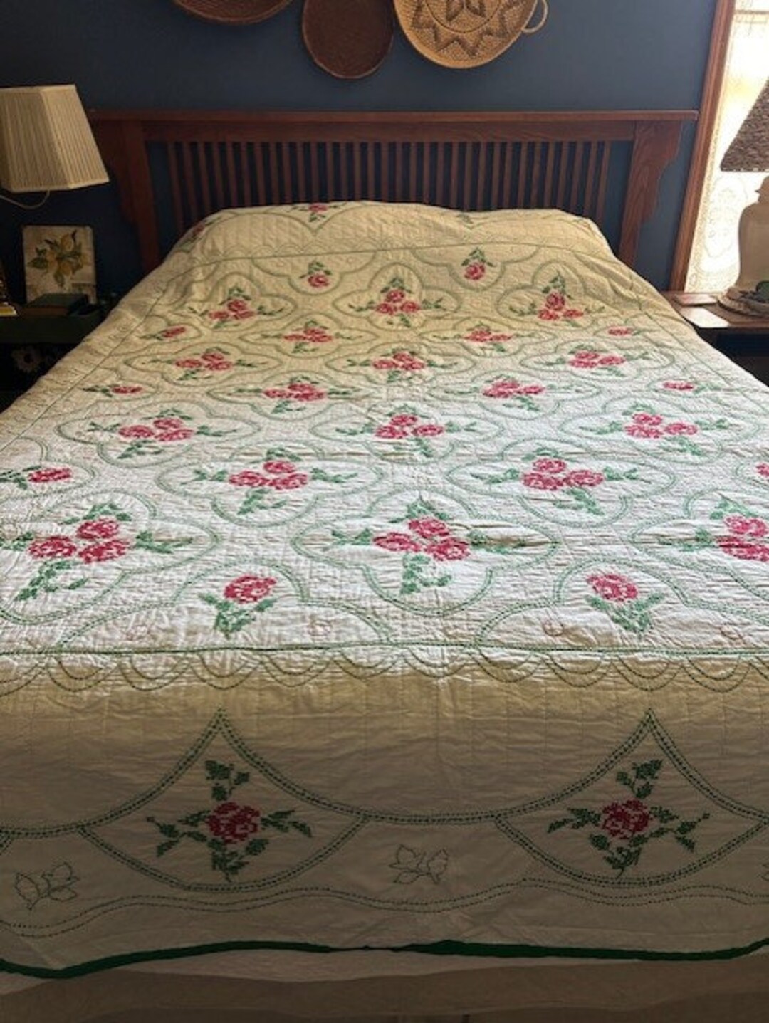 Vintage 1963 Quilt Red Roses Cross Stitch Bed Quilt Green 94 X 84 - Etsy