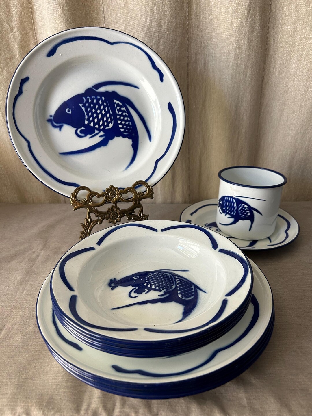 ENAMELWARE- Koi Fish Metal Plates Bowls Cup Blue White Vintage 80s - 13 ...