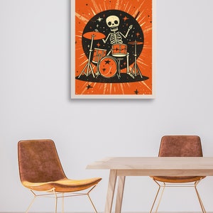 Retro Skeleton Drummer Art Print - Mid-century Modern Music Wall Decor ...