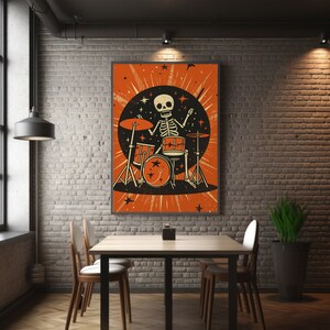 Retro Skeleton Drummer Art Print - Mid-century Modern Music Wall Decor ...