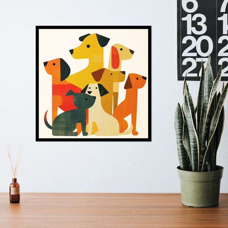 Mid-century Modern Style Dog Family Art Print, Dogs Illustration for ...