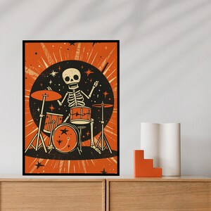 Retro Skeleton Drummer Art Print - Mid-century Modern Music Wall Decor ...
