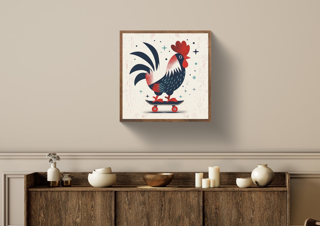 Retro Rooster on Skateboard Art Vintage Inspired Skater Rooster Modern ...