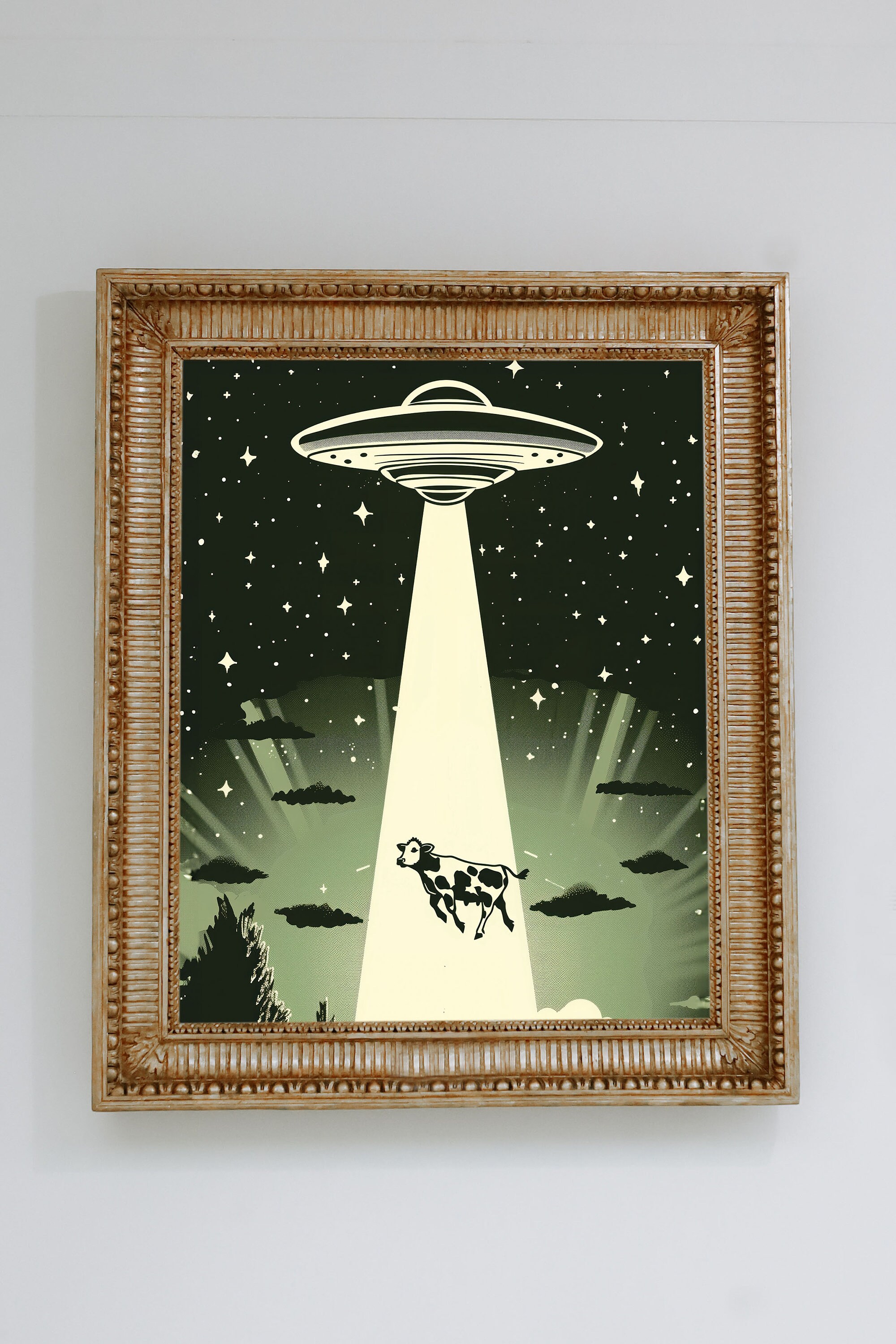 Retro Style UFO Cow Abduction Poster - Vintage Sci-fi Alien Encounter ...