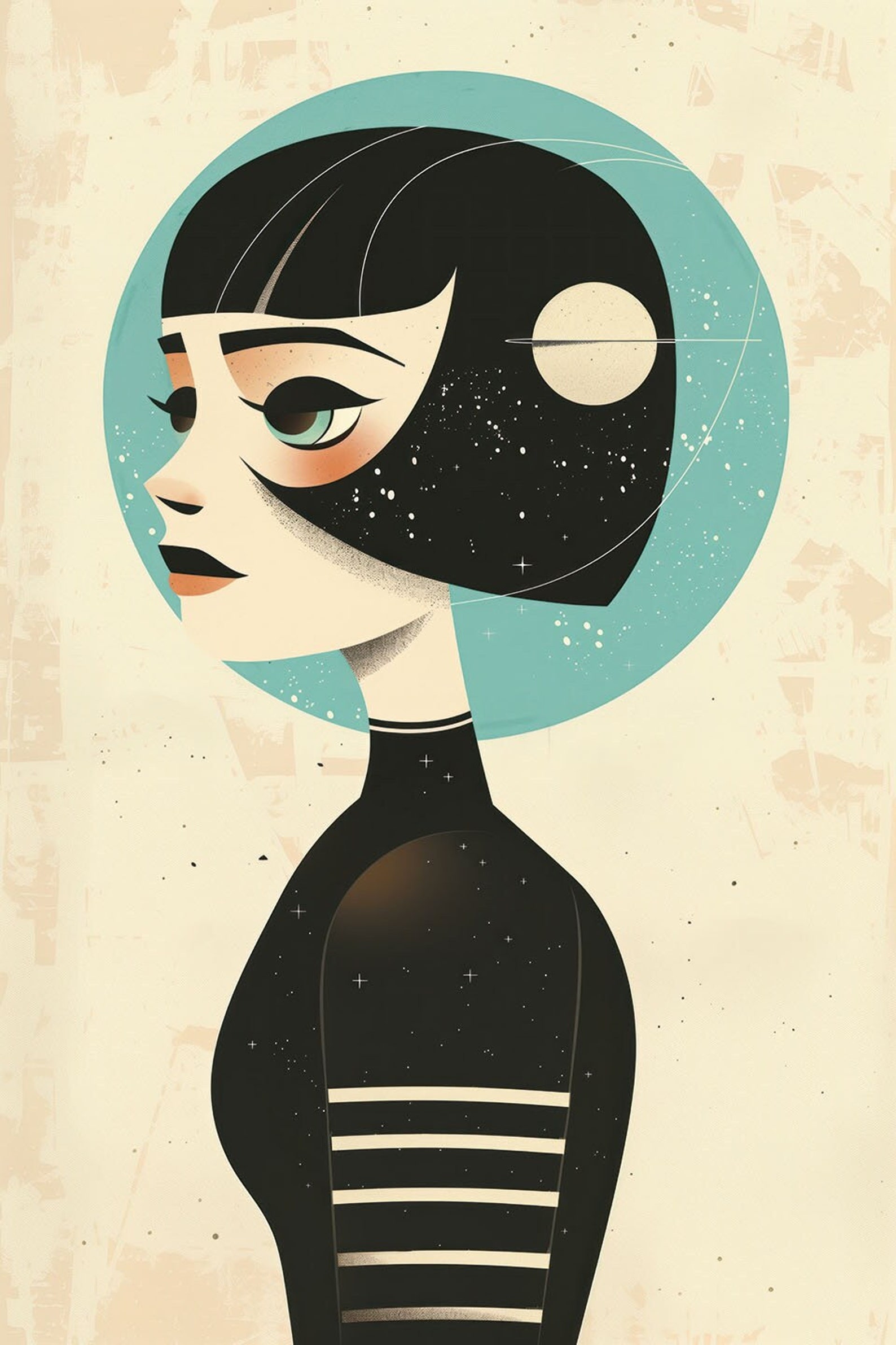 Retro Cosmic Girl Art Print Vintage Space Girl Illustration Mid-century ...