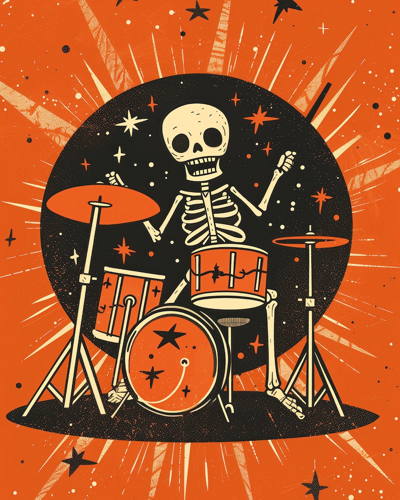 Retro Skeleton Drummer Art Print - Mid-century Modern Music Wall Decor ...